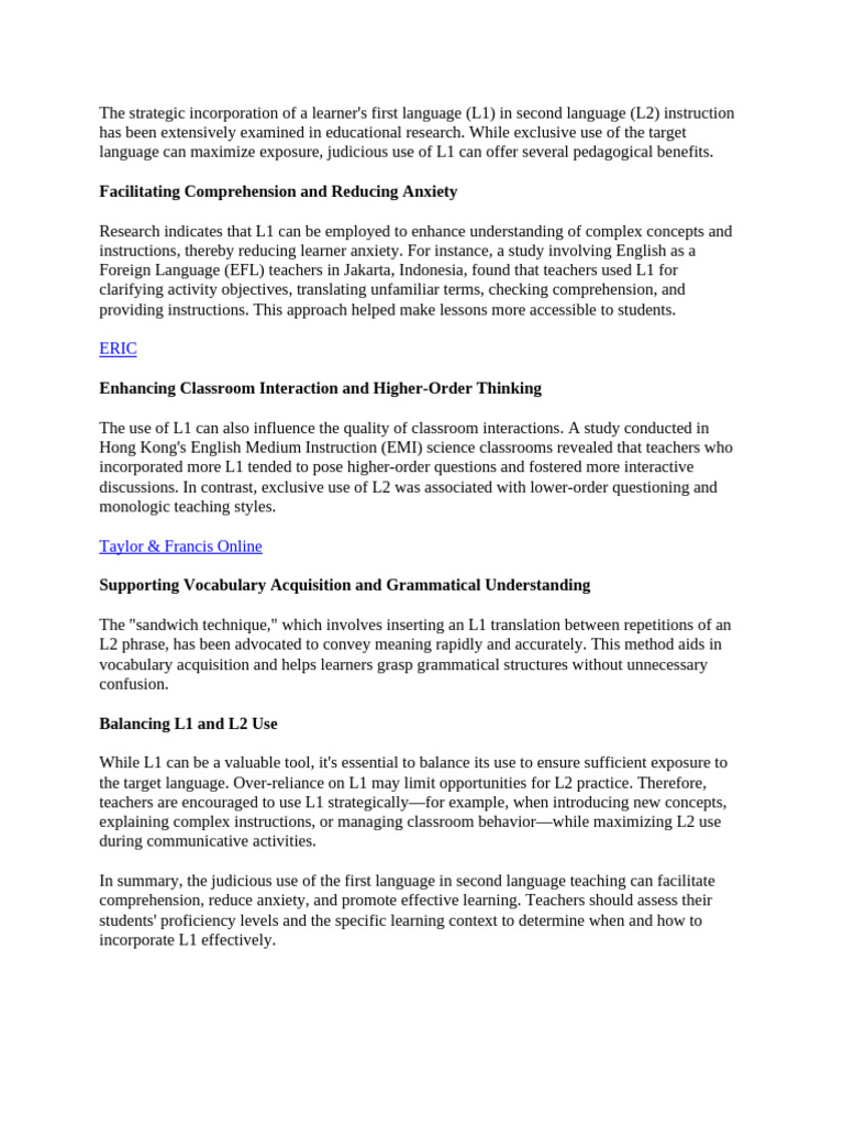 Benefits of L1 in L2 Teaching Strategies | PDF | Second Language | Teachers