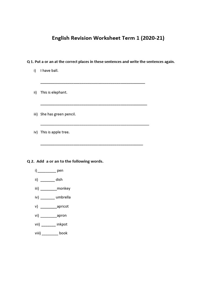 English Revision Worksheet Term 1 | PDF