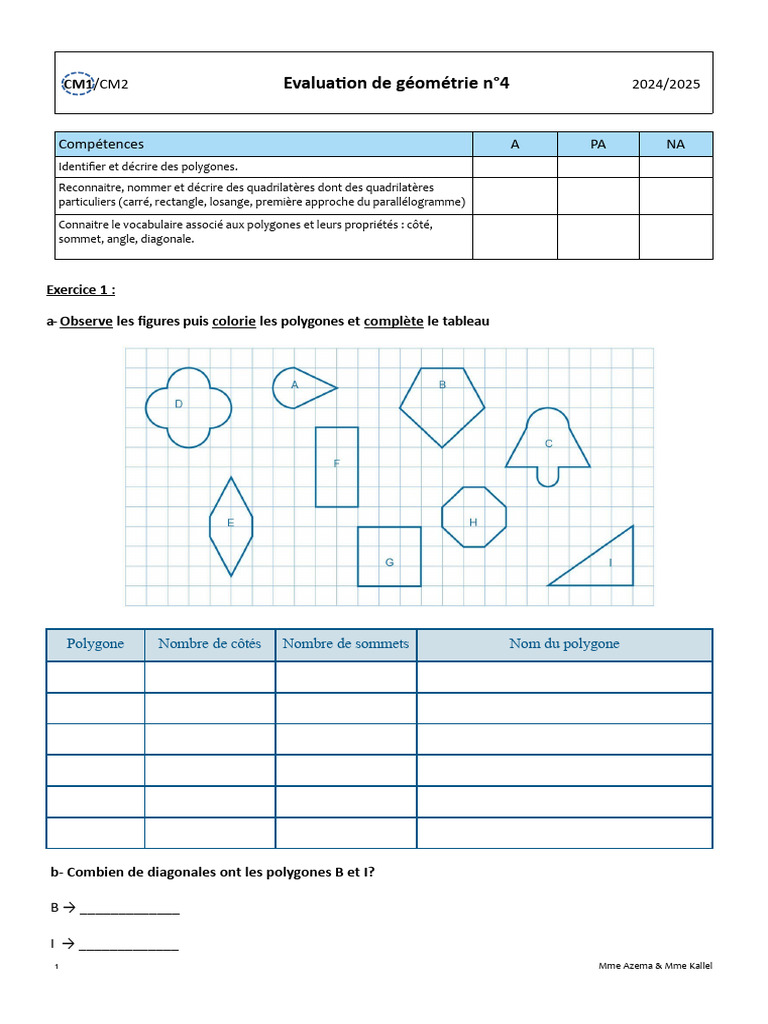 Évaluation des Polygones CM1/CM2 | PDF