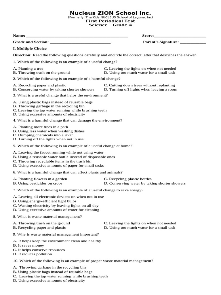 Grade 4 Science Test: Environmental Changes | PDF | Waste | Recycling