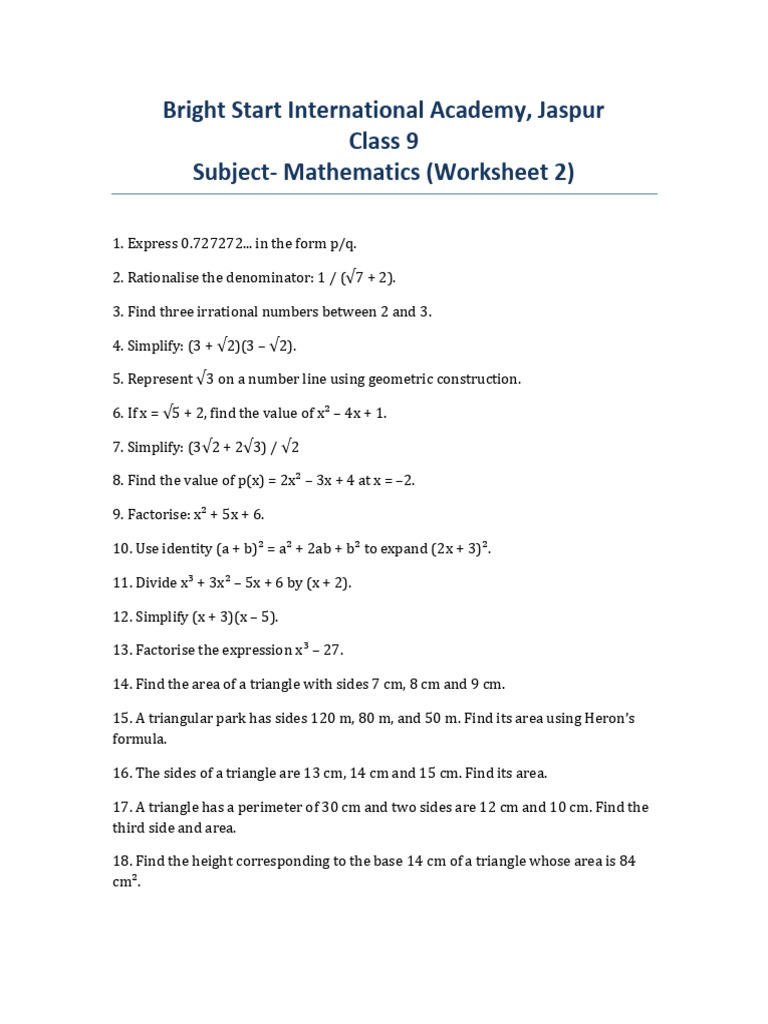 Class 9 Math Worksheet 2 1 | PDF