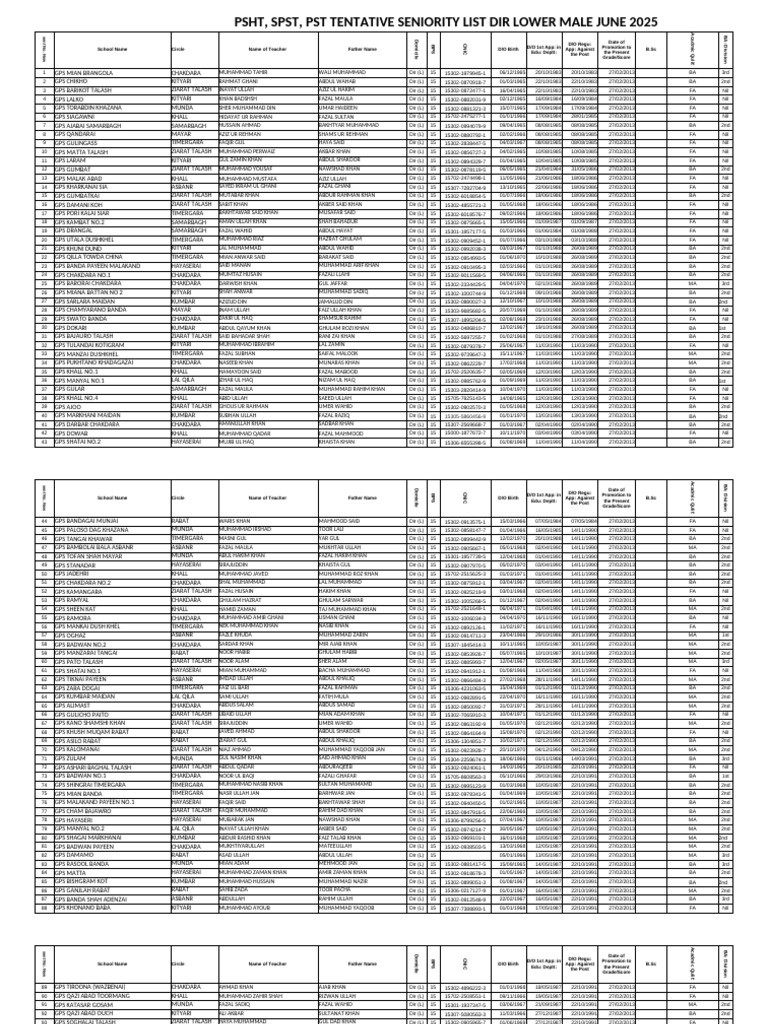 Tentative PSHT, SPST, PST Seniority List 2024-25 | PDF