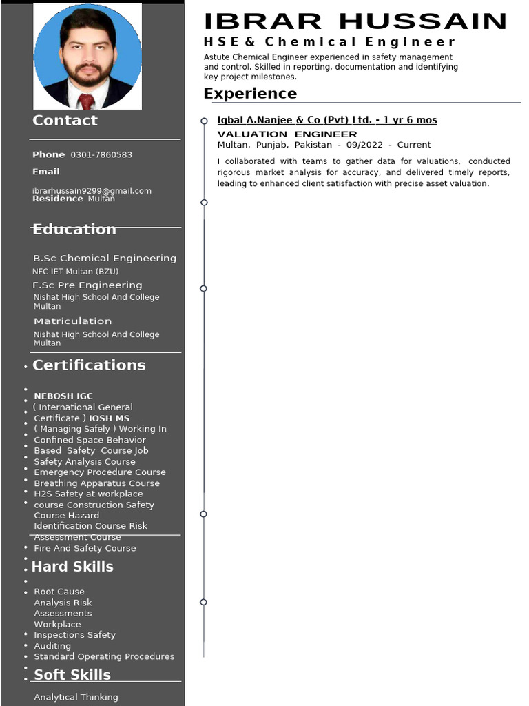 IBRAR HUSSAIN Chemical Engineer CV | PDF | Safety | Regulatory Compliance