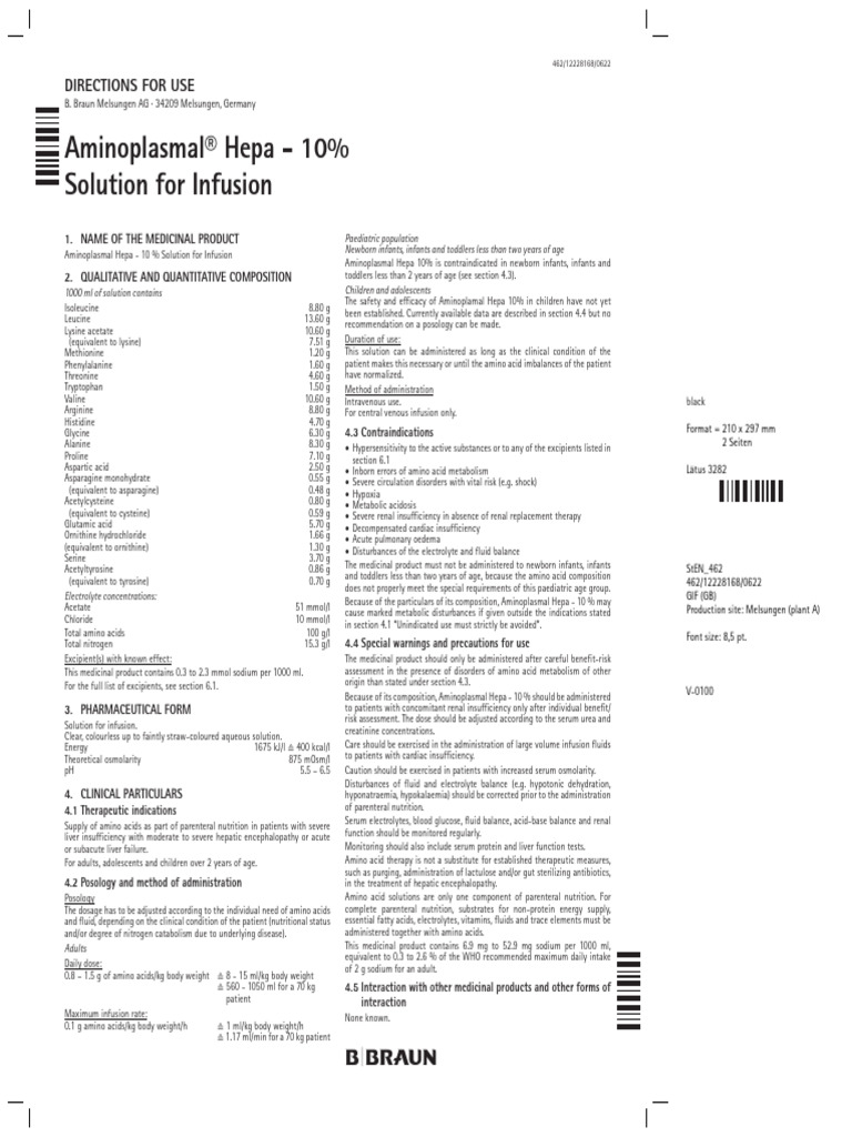Aminoplasmal® Hepa - 10% Solution For Infusion: B - Braun | PDF | Dose ...