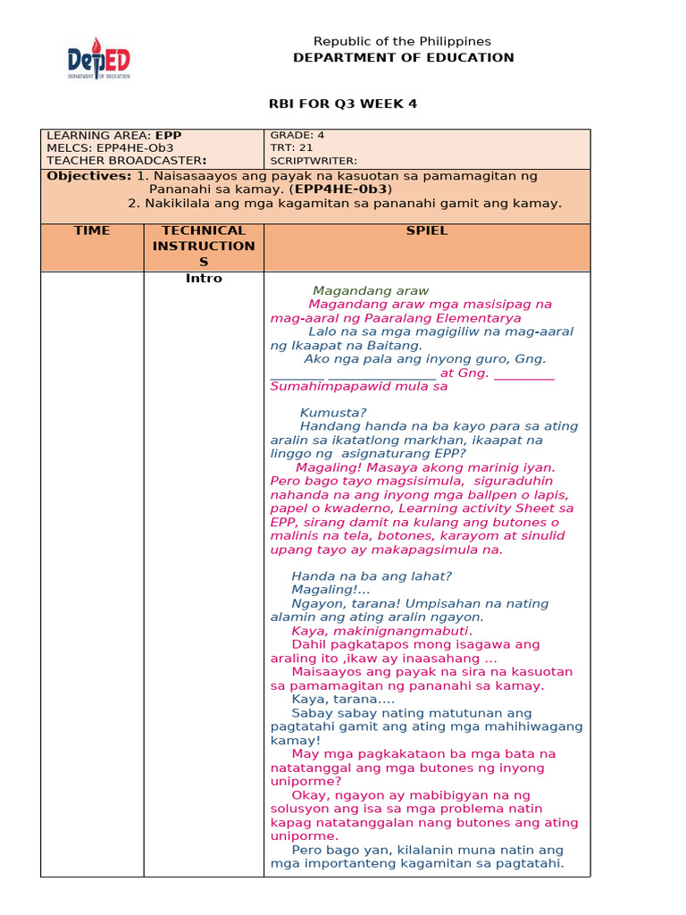 Script For Epp 4 Week 4 | PDF
