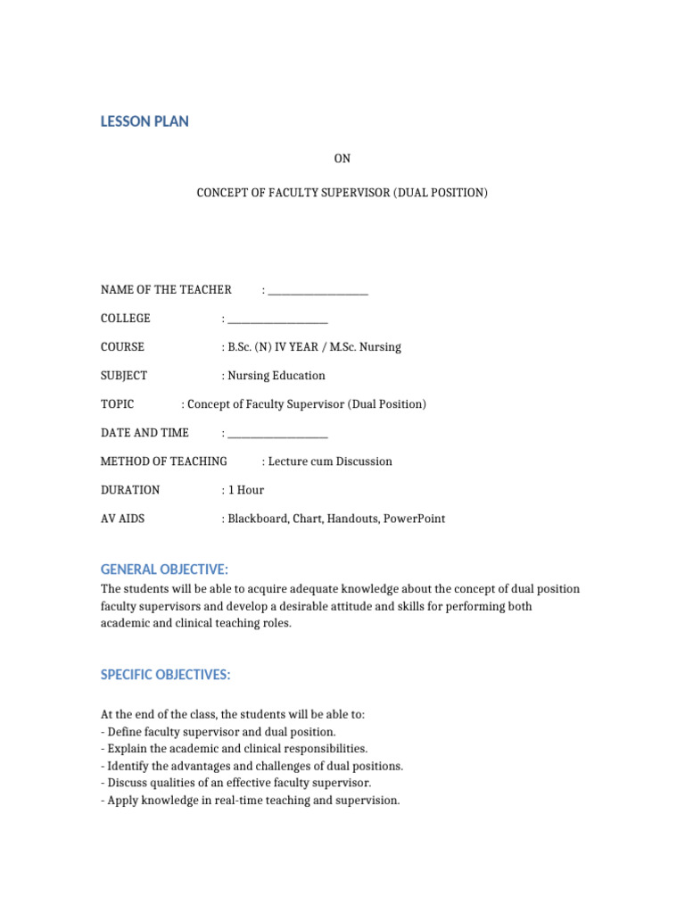 Lesson Plan Faculty Supervisor Dual Position Format | PDF | Lesson Plan ...