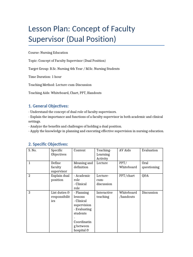 Lesson Plan Faculty Supervisor Dual Position | PDF | Lecture | Curriculum