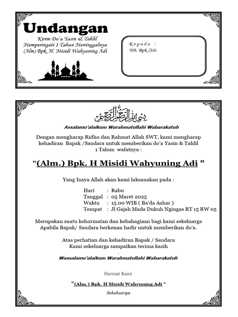 Undangan Tahlil 1 Tahun Alm. H. Misidi | PDF