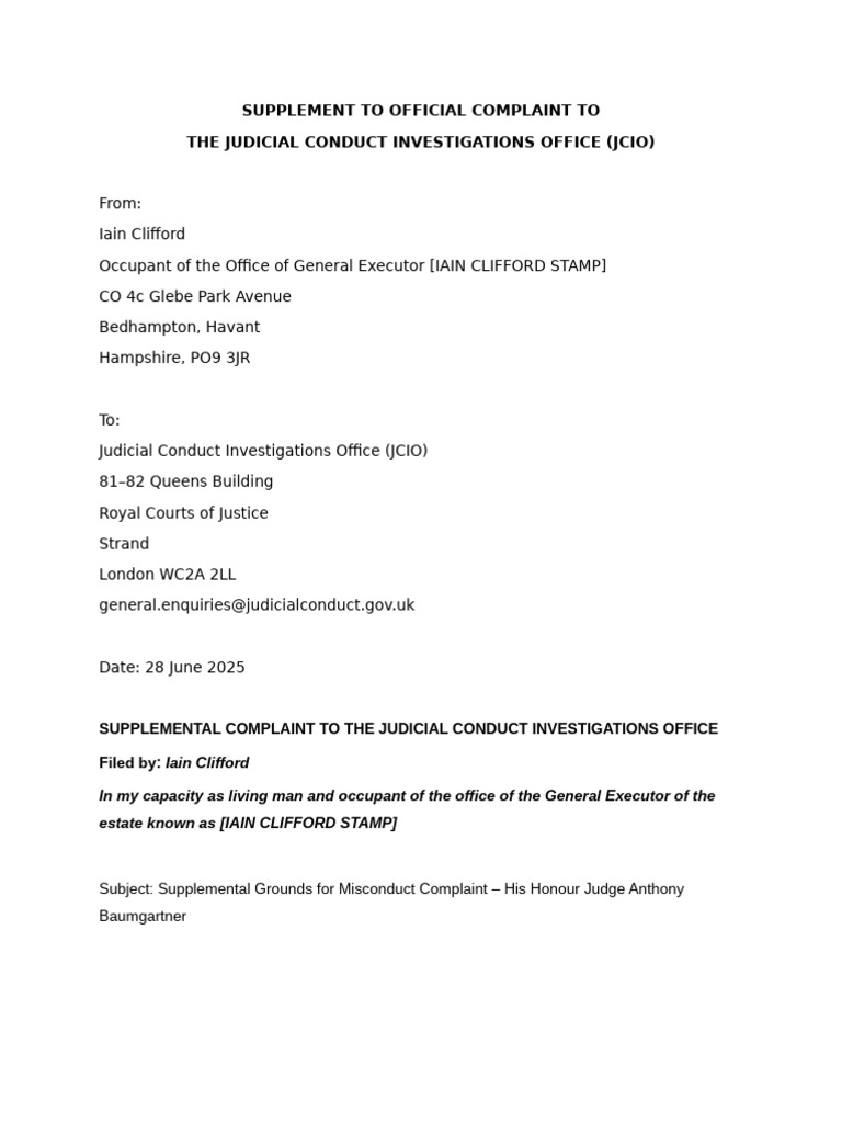 Supplement To Official Complaint To JCIO Re Judge Anthony Baumgartner ...
