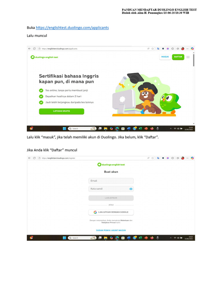 Panduan Mendaftar Duolingo Test | PDF