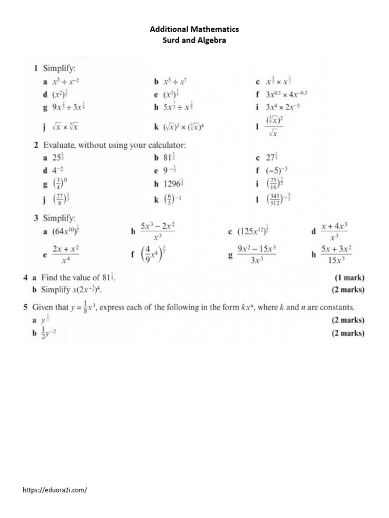 Surd and Algebra Worksheet 1 | PDF