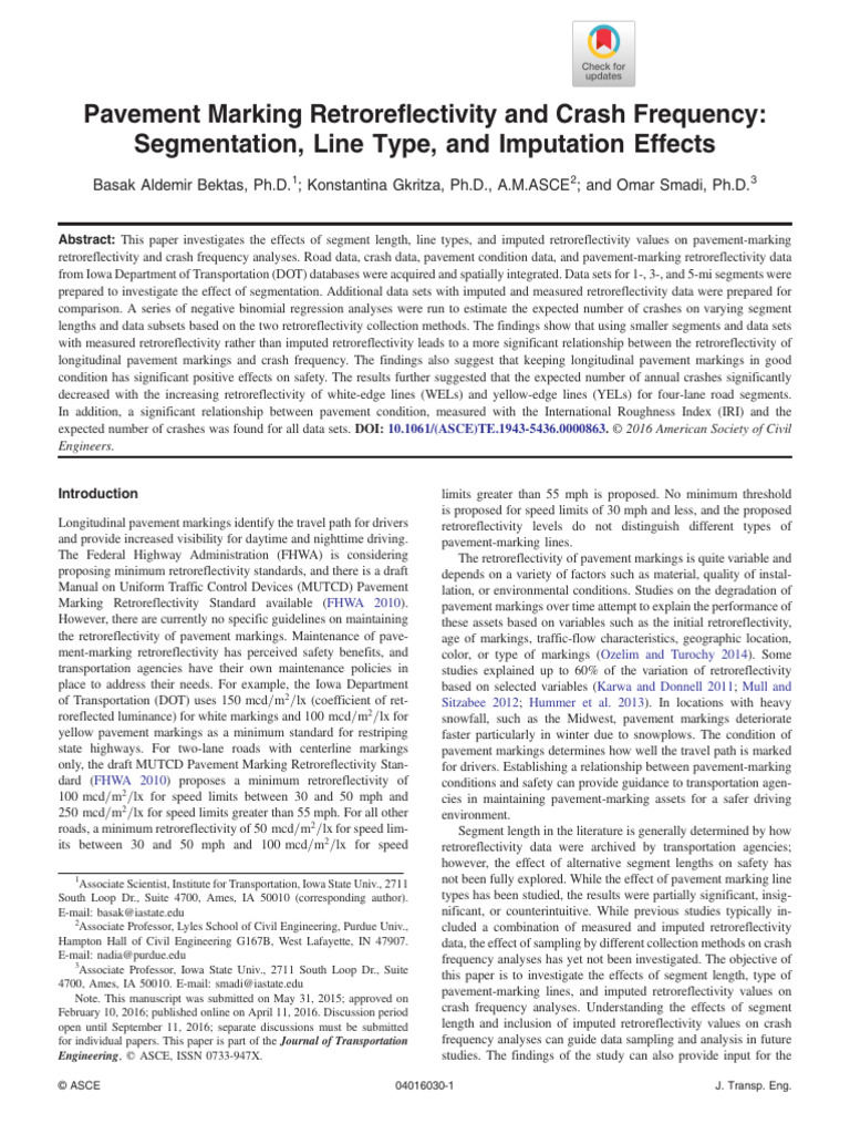 Bektas Et Al Pavement Marking Retroreflectivity and Crash Frequency Segmentation Line Type and ...