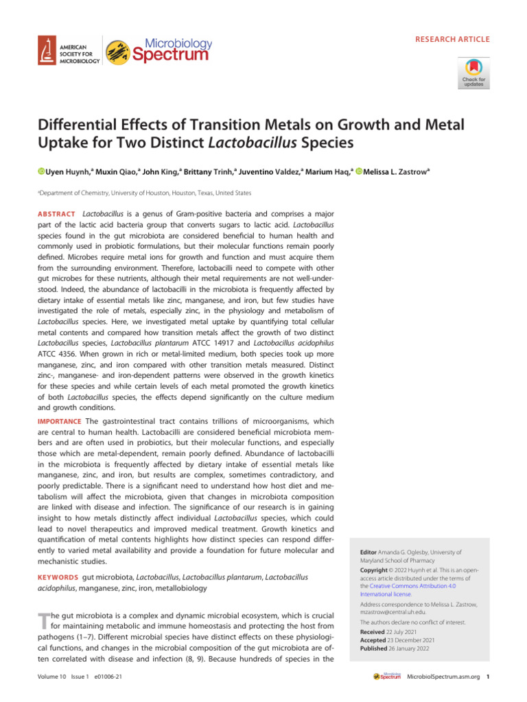 Huynh Et Al 2022 Differential Effects of Transition Metals On Growth ...