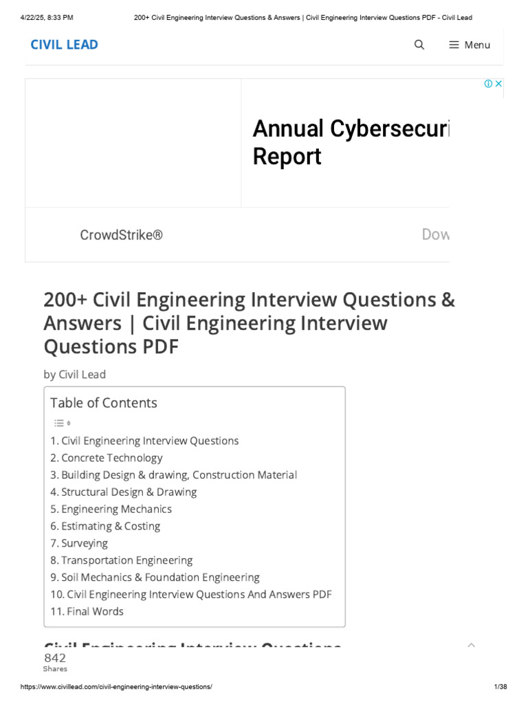 200+ Civil Engineering Interview Q&A | PDF | Surveying | Bending