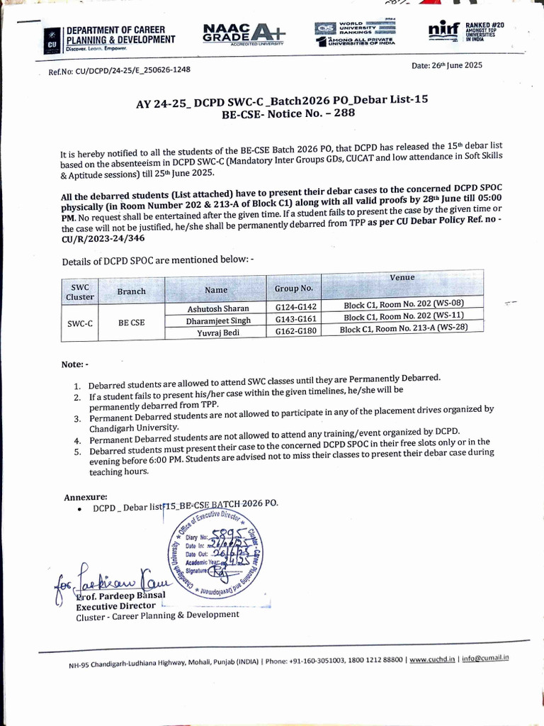 BE-CSE Batch 2026 Debar List Notification | PDF