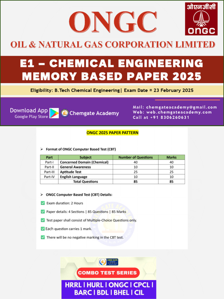 ONGC Chemical Engineering Exam 2025 | PDF | Acid | Distillation