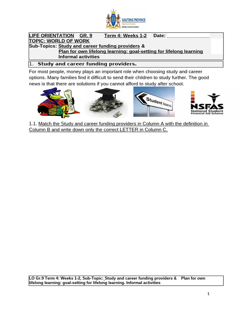 Gr. 9 T4, Week 1-2, Study and Career Providers, Lifelong Learning. | PDF