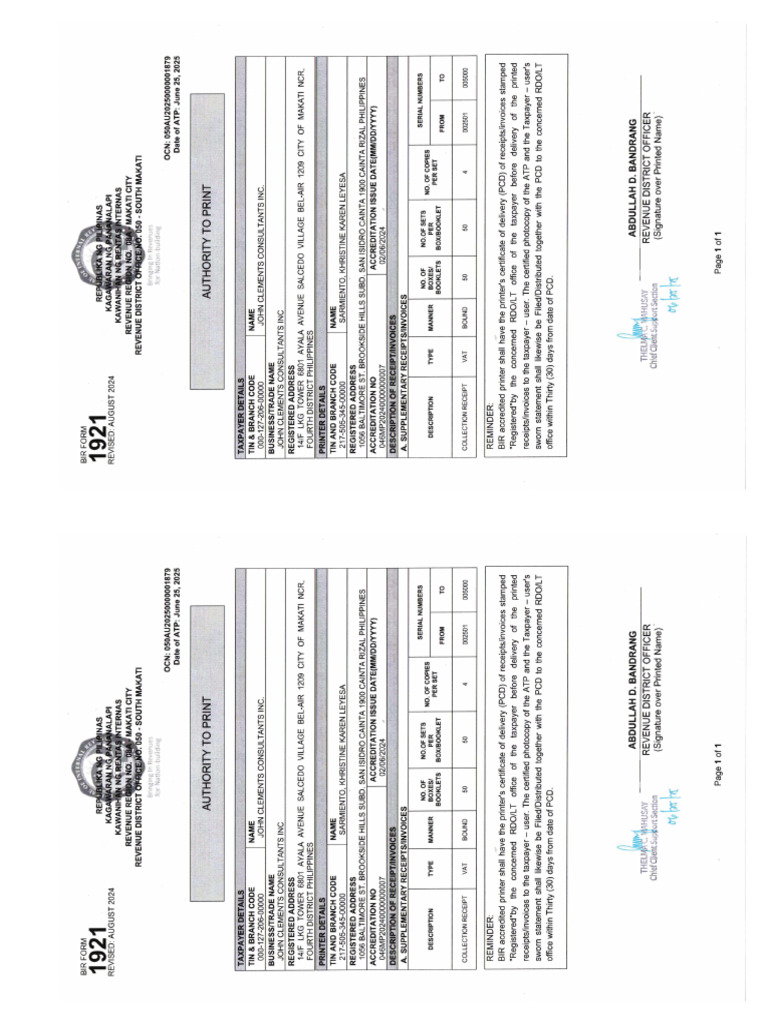 Jcci - Collection Receipt June 2025 Backing | PDF