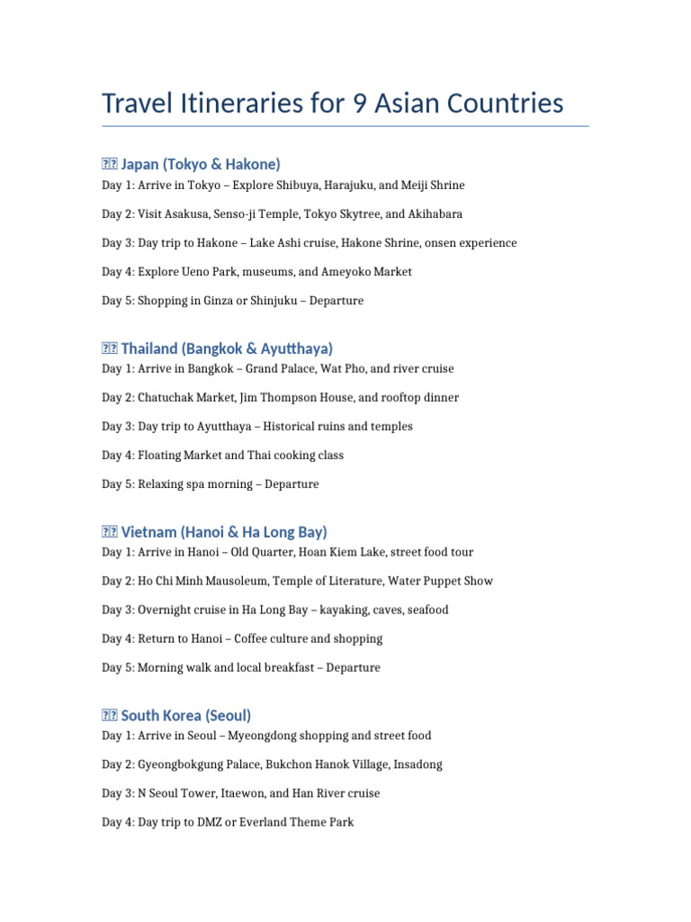 Asian Travel Itineraries Overview | PDF