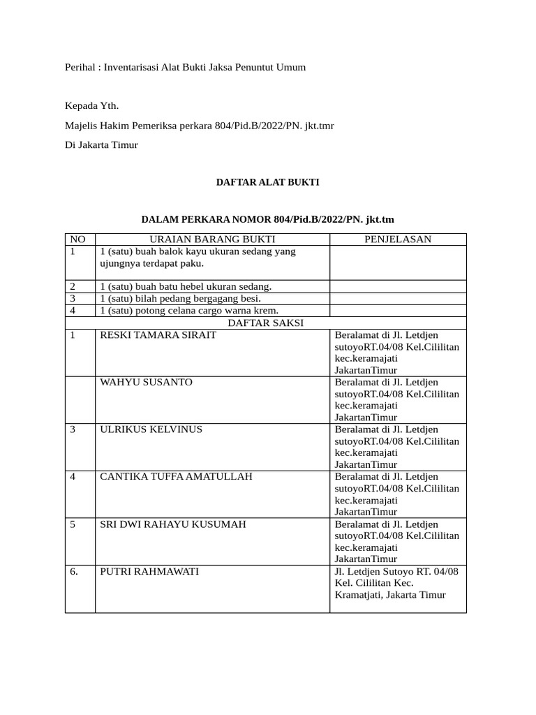 Daftar Alat Bukti Dan Saksi.. | PDF