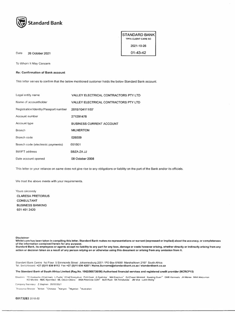 Standard Bank Confirmation Letter 26-10-2021 | PDF