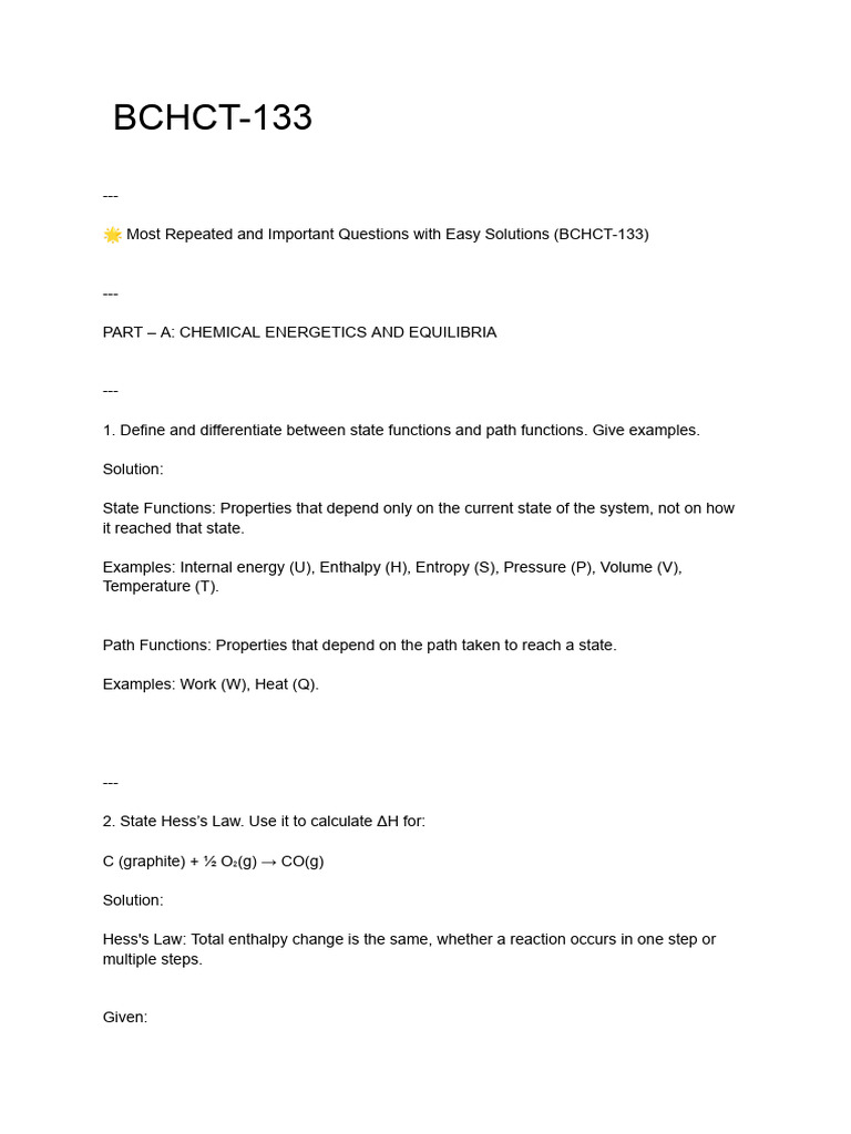 BCHCT-133 Important Questions | PDF | Gibbs Free Energy | Chemical ...