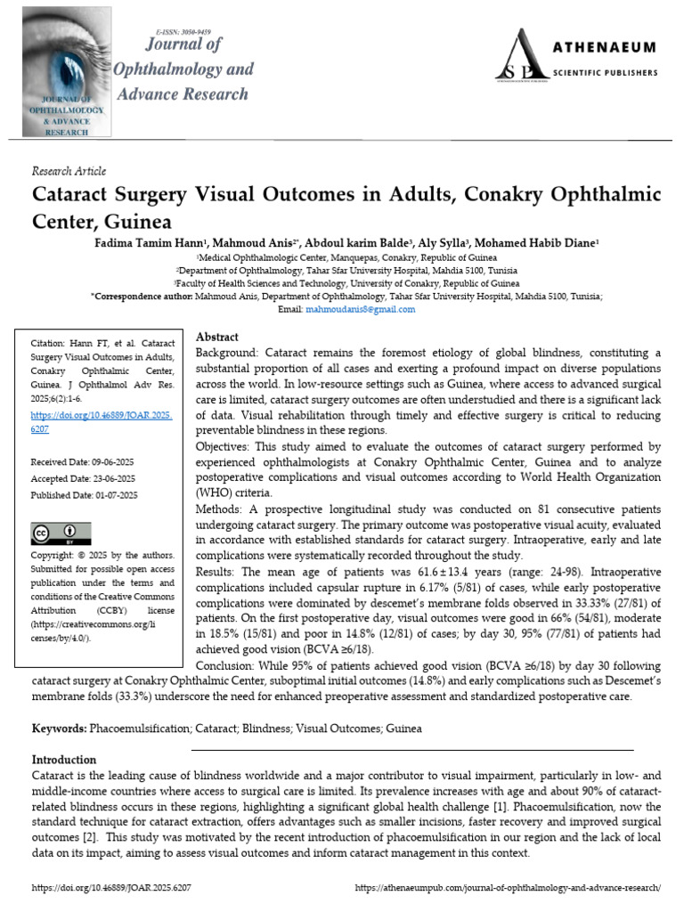 Cataract Surgery Visual Outcomes in Adults Conakry Ophthalmic Center ...