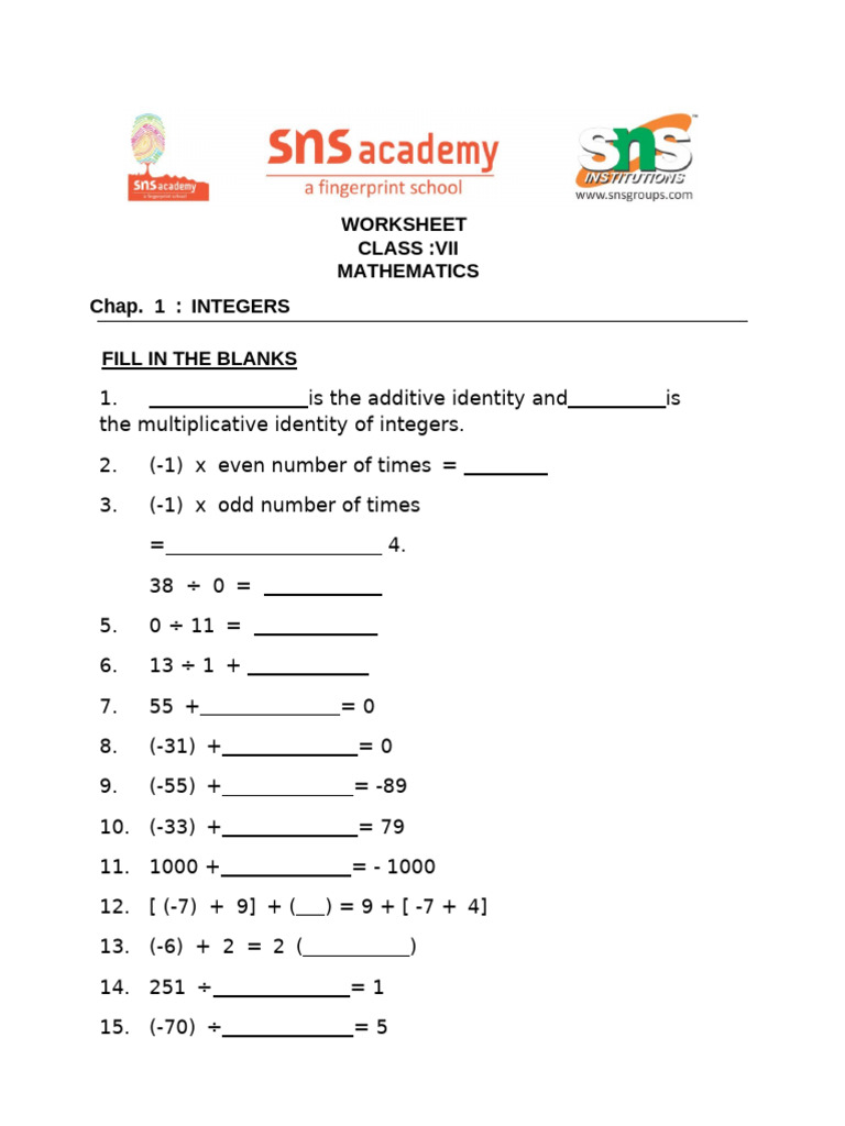 VII Maths Worksheet 1 - Integers | PDF