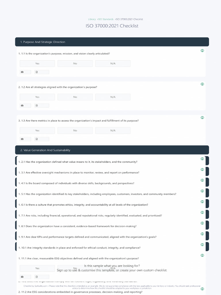 ISO 37000 - 2021 Checklist (Sample) | PDF