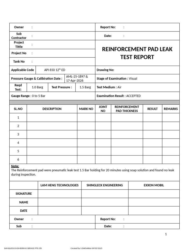 Reinforcement Pad Leak Test Report | PDF | Pressure