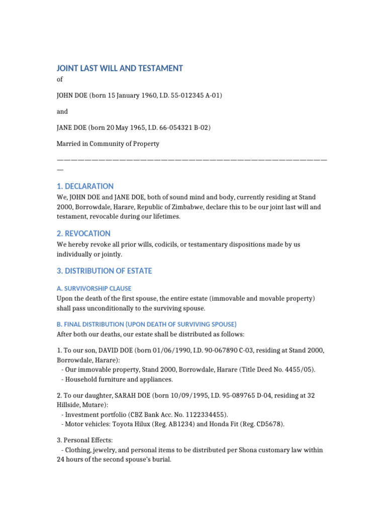 Joint Will of John and Jane Doe | PDF | Will And Testament | Inheritance