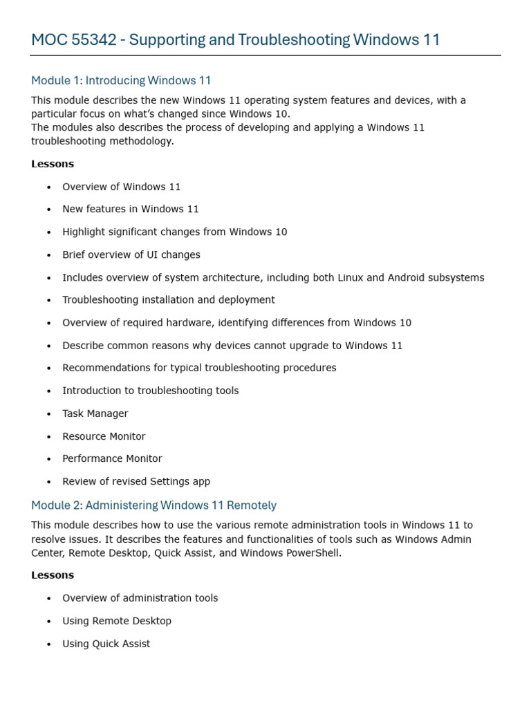 MOC 55342 - Supporting and Troubleshooting Windows 11 - Índice | PDF | Microsoft Windows ...