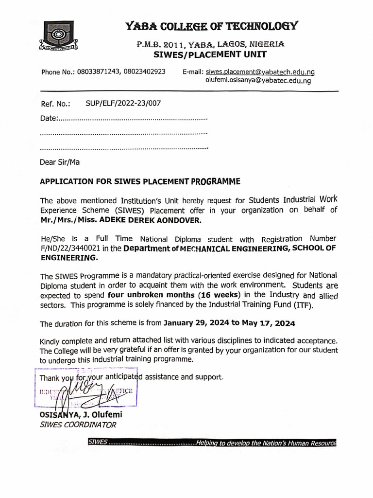 This Letter From The SIWES/Placement Unit of Yaba College of Technology ...