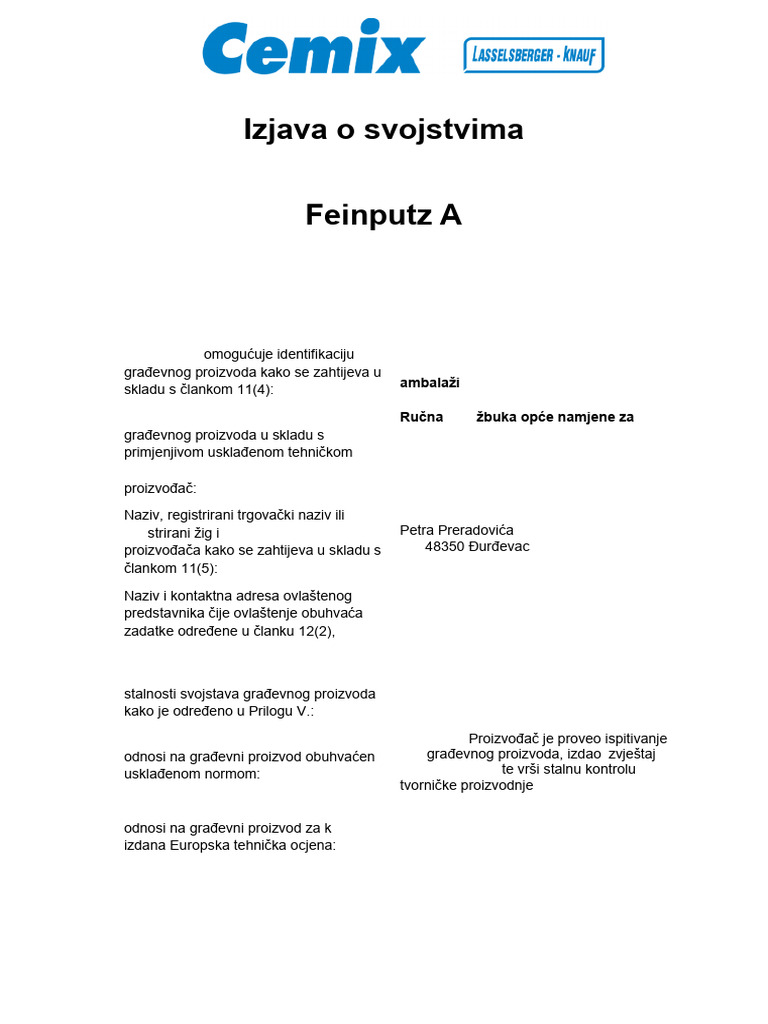 22 Izjava o Svojstvima Feinputz A 2 | PDF