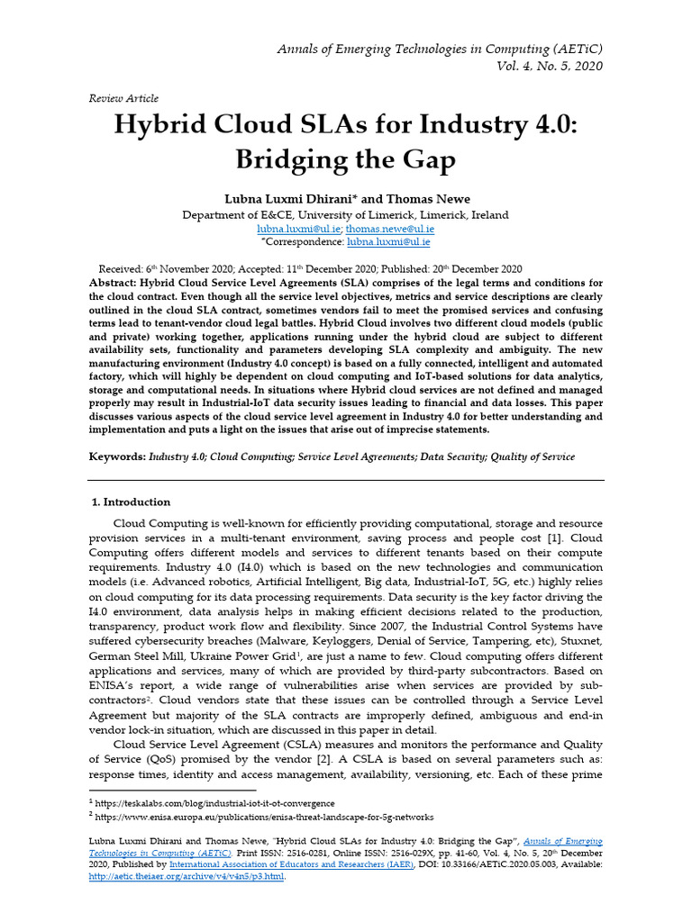 Hybrid Cloud Slas For Industry 40 Bridging The GapAnnals of Emerging Technologies in Computing ...