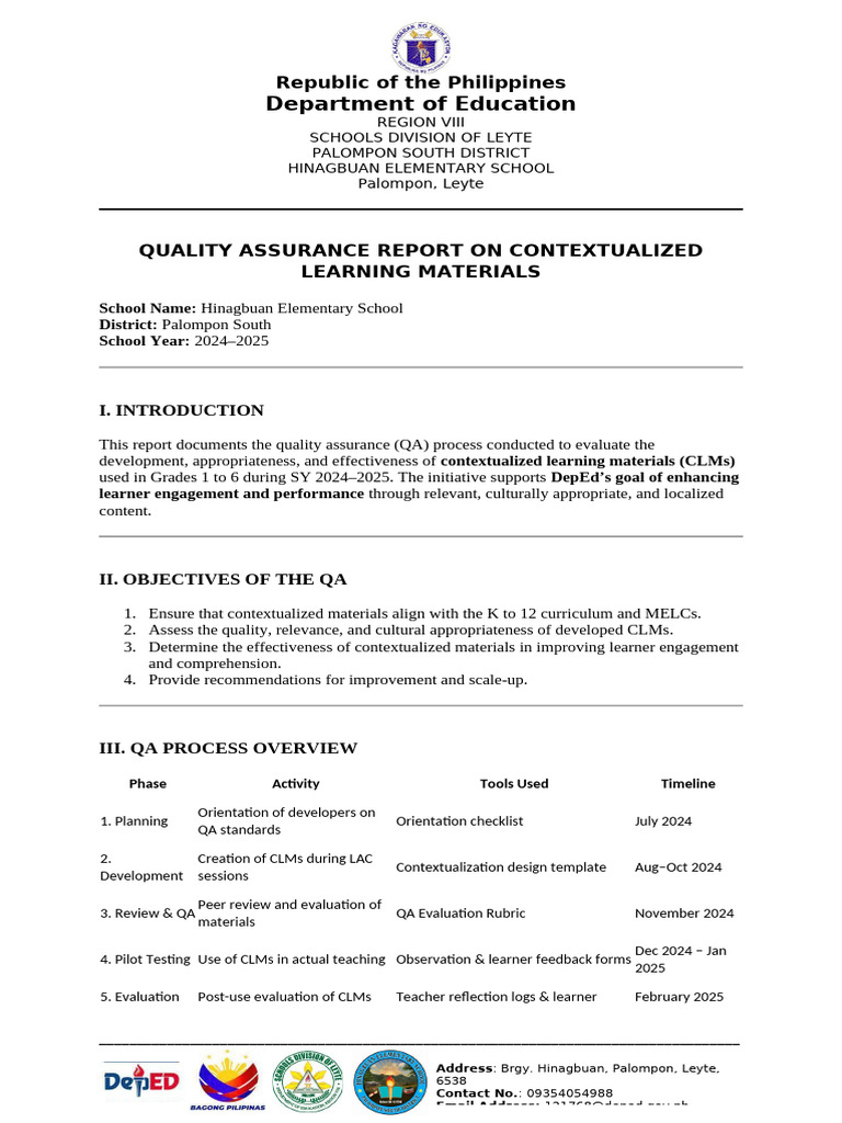 Hinagbuan Es-Qa Report On Contextualized Learning Materials | PDF | Learning | Curriculum