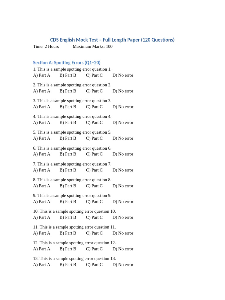 CDS English Mock Test: Spotting Errors | PDF