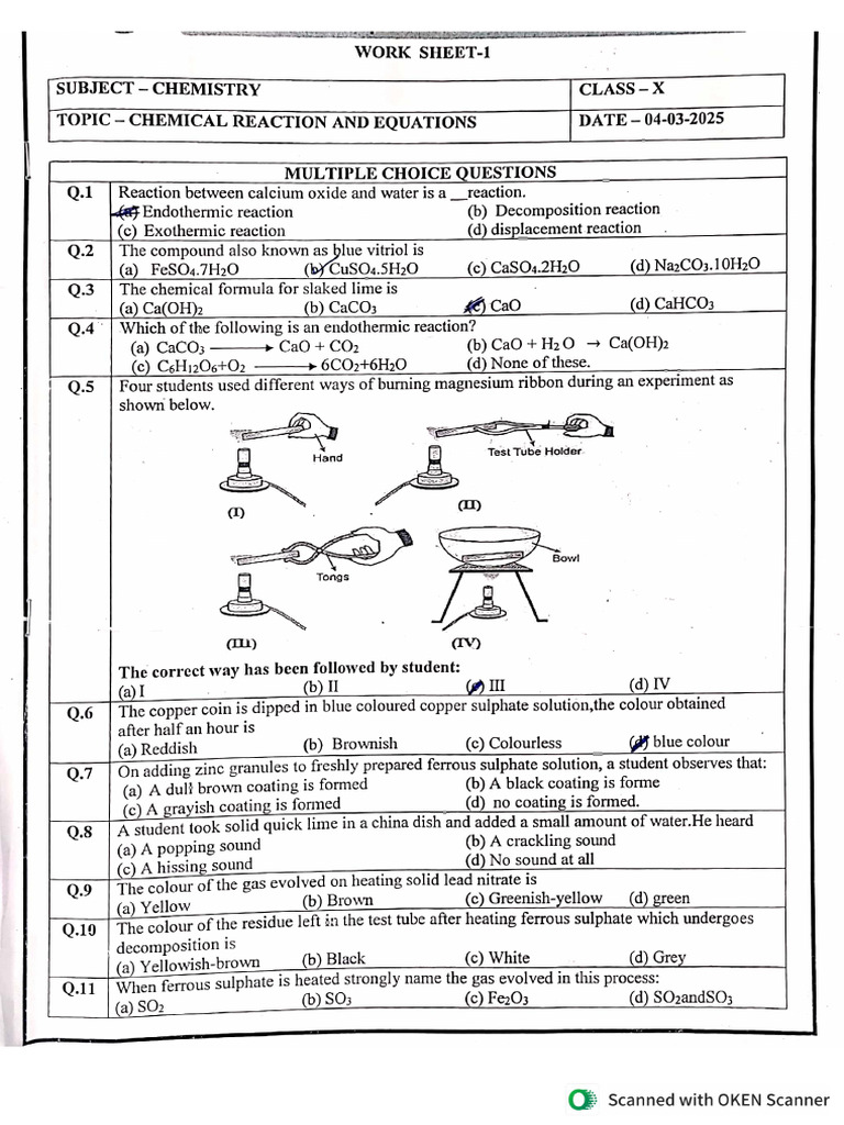 Worksheet Class 10 Science CH 1 Chemical Reaction and Equation (WWW ...