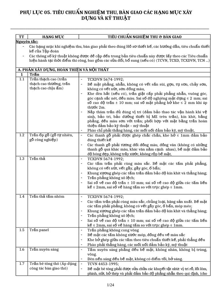 PL05 - Tieu Chuan Nghiem Thu Ban Giao Cac Hang Muc Xay Dung Va Ky Thuat - 20.11.2020 | PDF