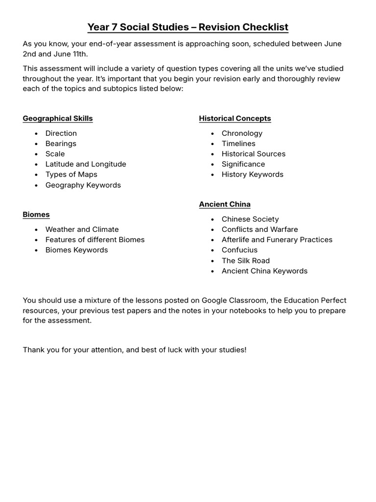 Year 7 Social Studies Revision Checklist | PDF
