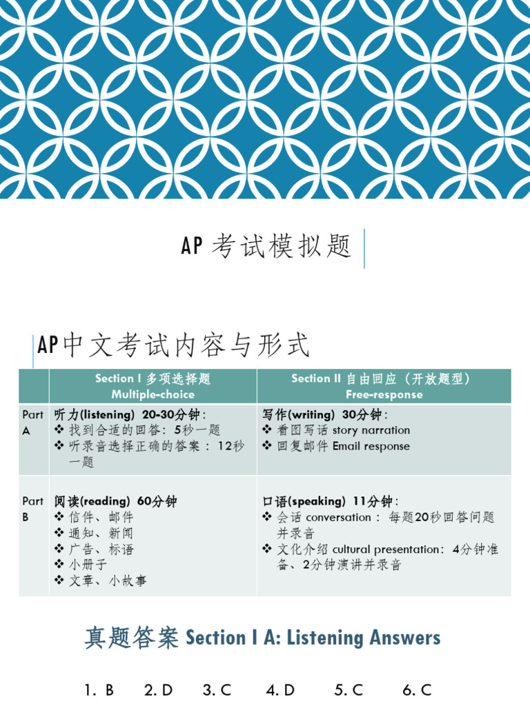 AP Chinese 模拟真题答案 & 题型介绍 | PDF