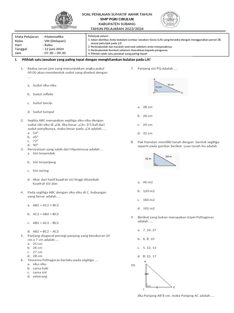 Soal Psat MTK Kelas 8 2024 | PDF