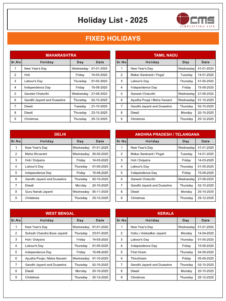 Holiday List 2025 | PDF