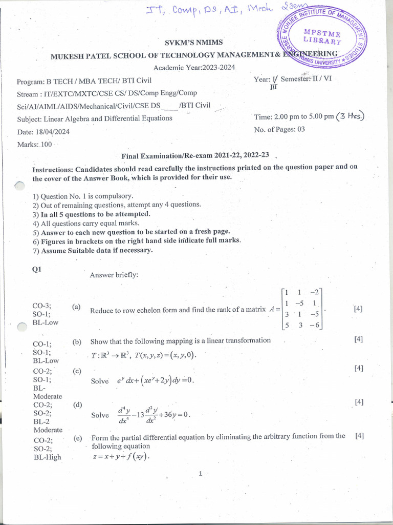 Linear Algebra and Differential Equations Sem-II Final and Re Exam 2021 ...