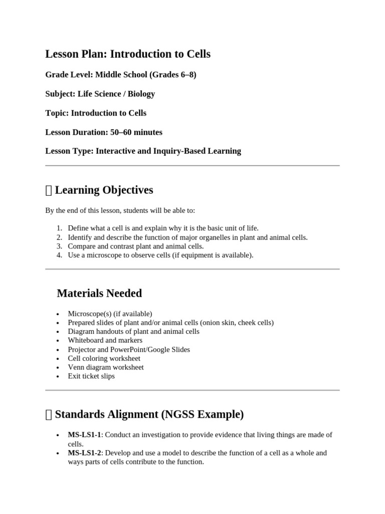 Intro to Cells Lesson Plan | PDF | Cell (Biology) | Cytoplasm