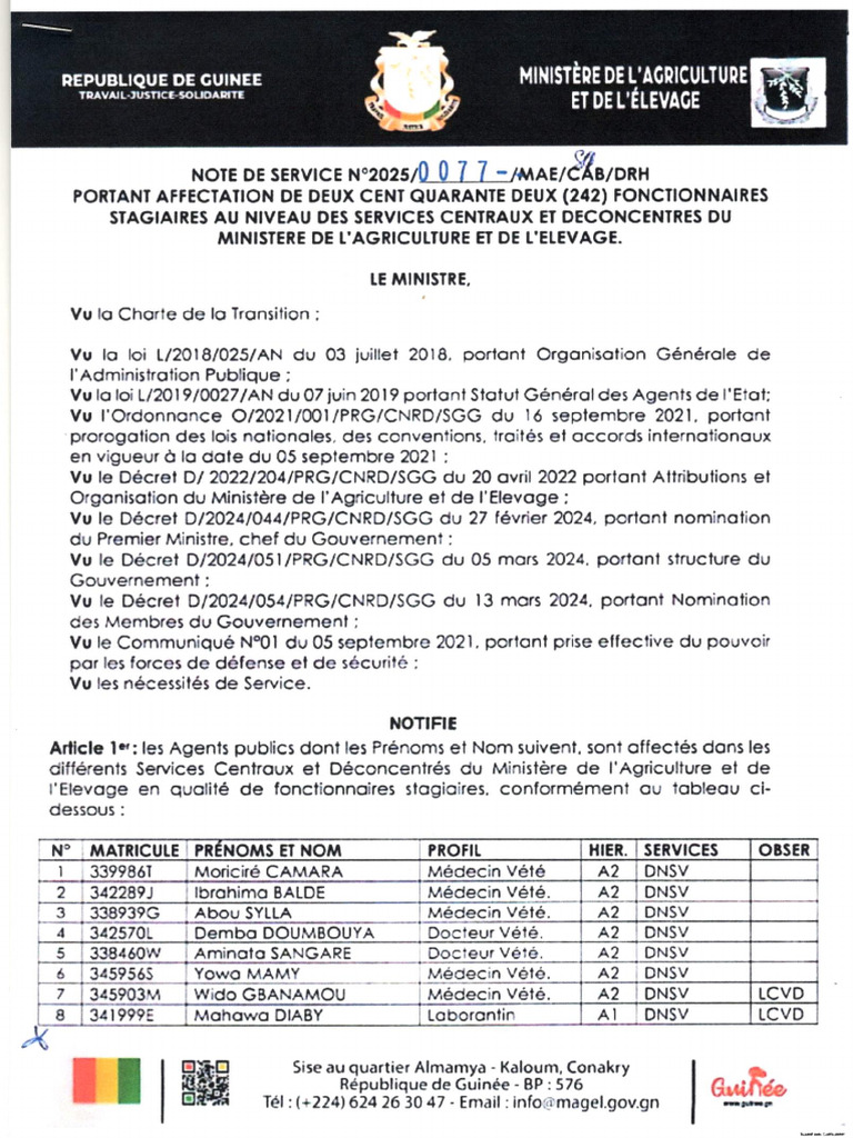 Affectation Des Nouveaux Fonctionnaires 242 Agents | PDF