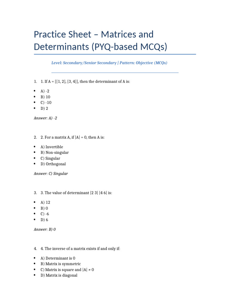 Matrices Determinants PYQ MCQ Practice | PDF