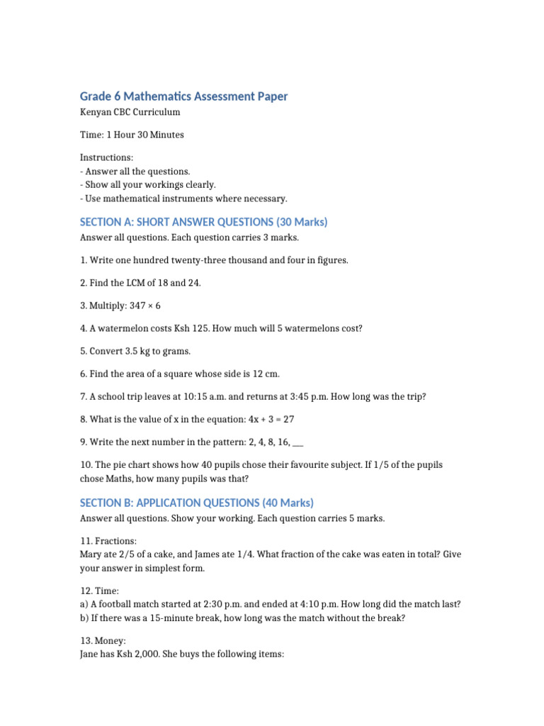 Grade 6 Mathematics CBC Paper | PDF