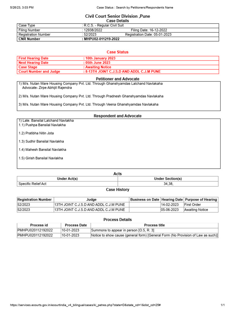 Pune Civil Case Status Update | PDF | Practice Of Law | Legal Action