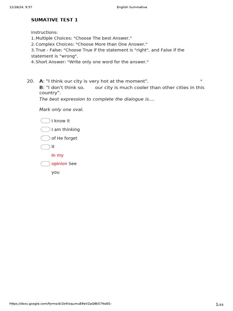 English Summative Test 1 | PDF